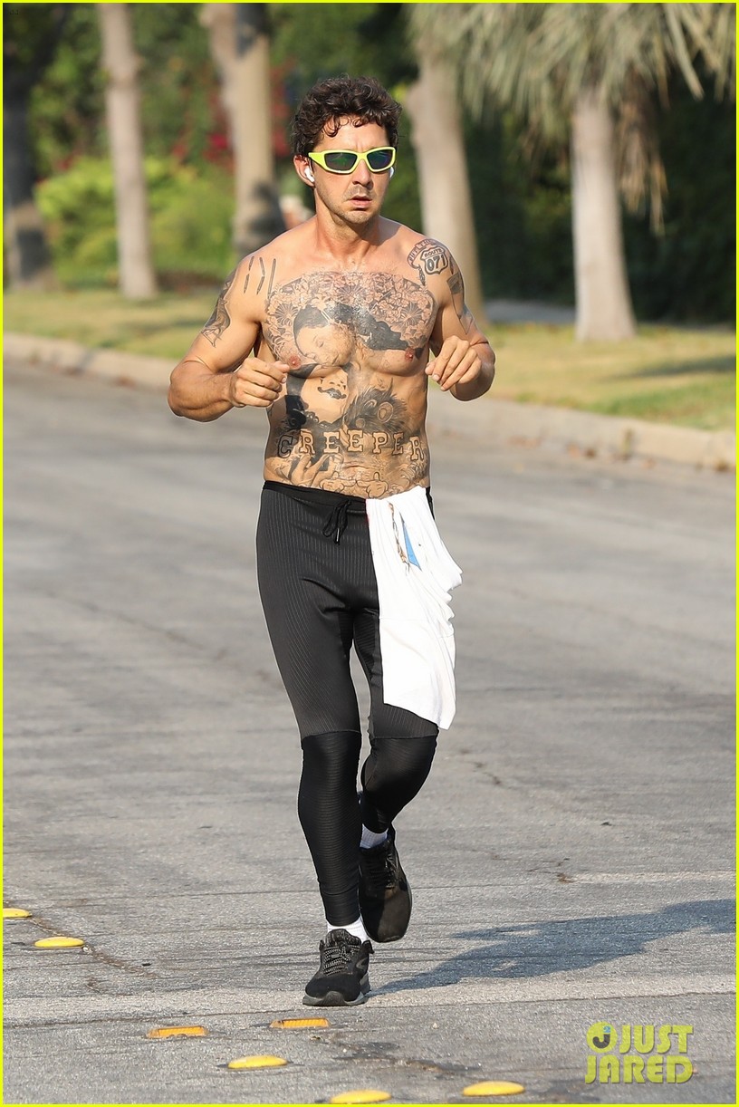 Shia LaBeouf Goes for a Shirtless Jog, Puts All His Tattoos on Display ...