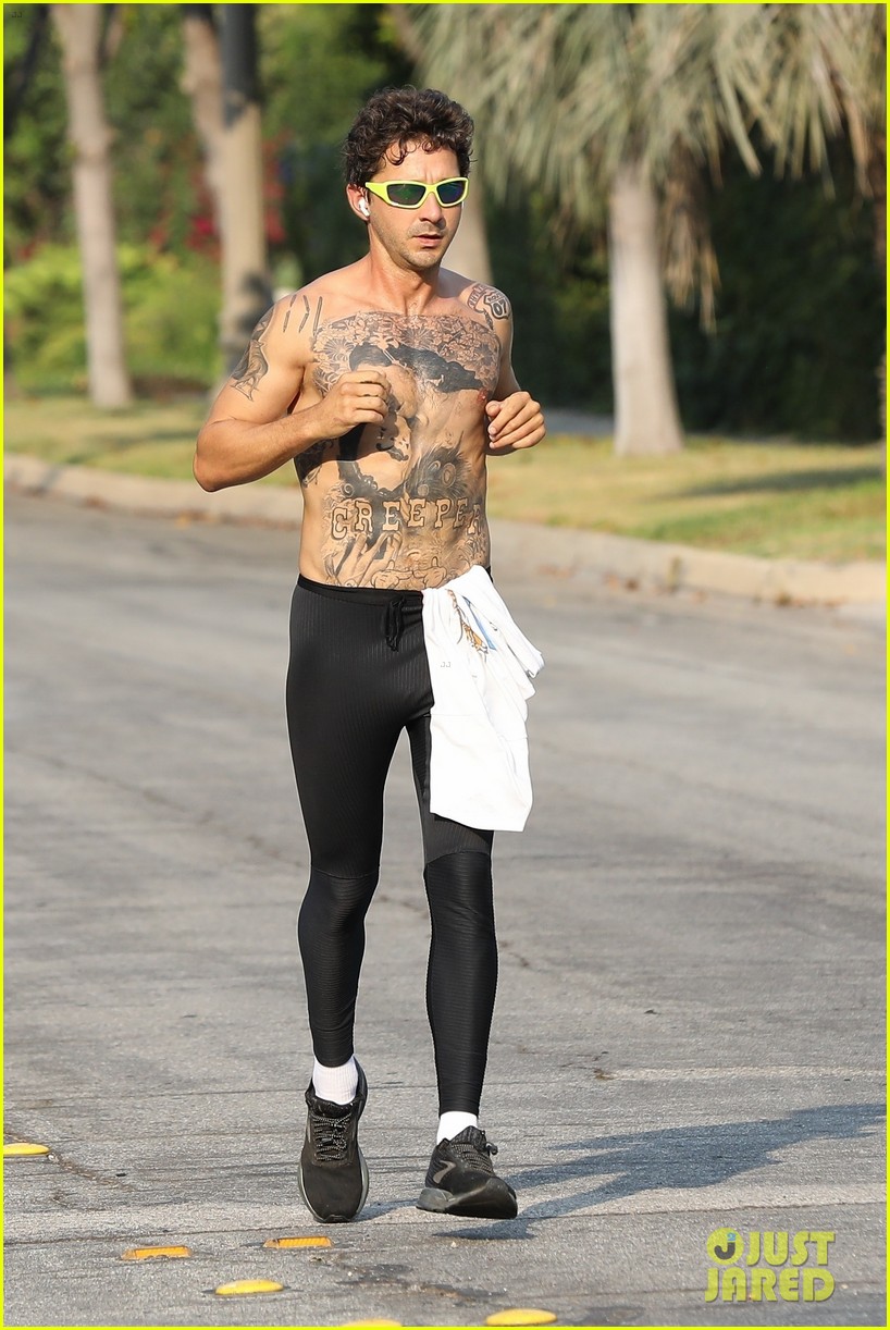 Shia LaBeouf Goes for a Shirtless Jog, Puts All His Tattoos on Display ...